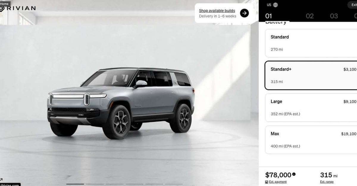 Rivian adds options for Standard, and Standard+ battery sizes allowing ...